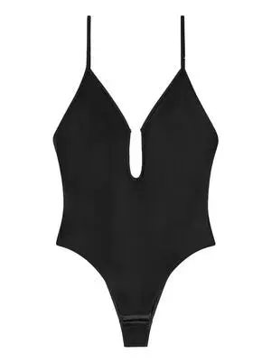 DIESEL® Diesel Deep V-Neck Open-Back Bodysuit With Tone-On-Tone Oval D Metal Plate (Size S) Nero