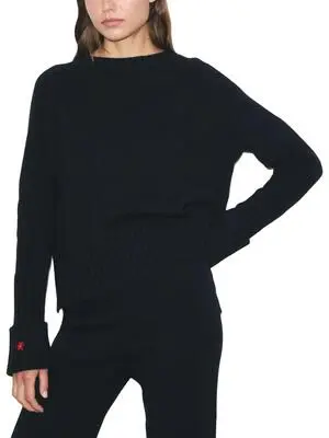 Tory Burch 100% Wool Crew Neck Sweater With Ribbed Cuffs - Black