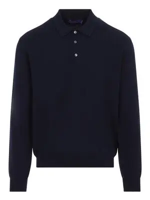 Ralph Lauren Purple Label Ribbed Cashmere Polo Neck Sweater - Blue
