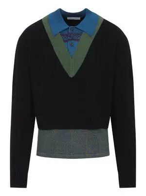 Dries Van Noten Cropped Cable Knit Sweater With Polo Collar - Black