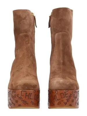 Chloé CHLOÉ Leather Platform Boots With Graffiti Detailing Brown