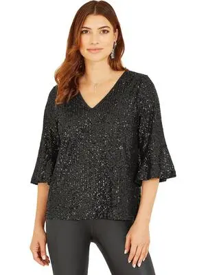 YUMI Yumi Sequin V-Neck Fluted Sleeve Top
