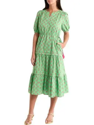 SUGARLIPS Darley Floral Tiered Cotton Dress - Lime-multi