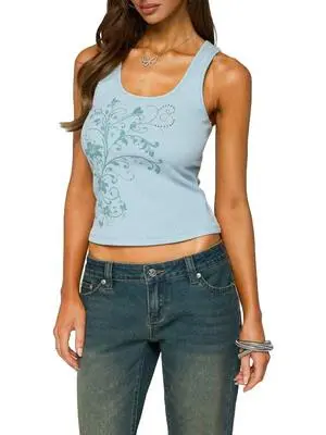 EDIKTED Veila Rhinestone Ribbed Graphic Tank - Light-blue