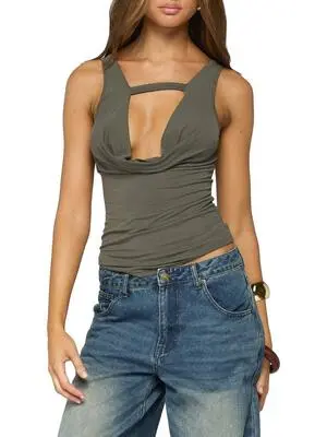 EDIKTED Emeri Deep Cowl Neck Cutout Sleeveless Top - Olive