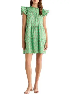 SUGARLIPS Lauren Floral Tiered Cotton Dress - Lime-multi