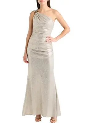 Eliza J Metallic One-shoulder Ruched Mermaid Gown - Gold