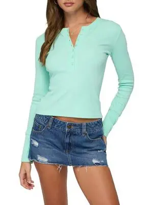 EDIKTED Yerin Long Sleeve Rib Henley - Aqua
