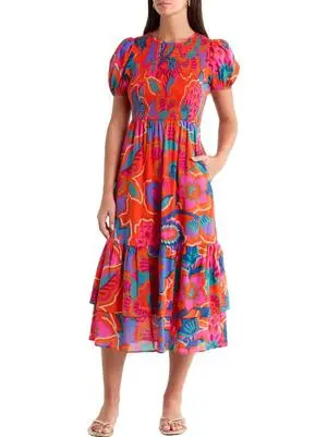 SUGARLIPS Kahlia Tropics Aruba Smocked Cotton Midi Dress - Red-multi