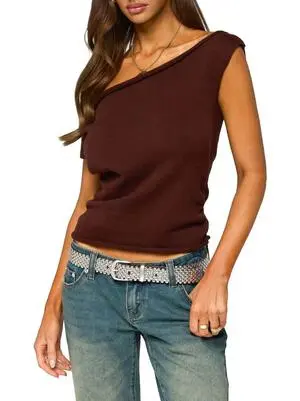 EDIKTED Lauria Off Shoulder Rib Knit Top - Brown