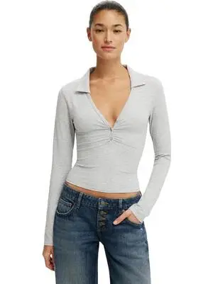 COTTON ON Henley Long Sleeve Polo - Grey Marle