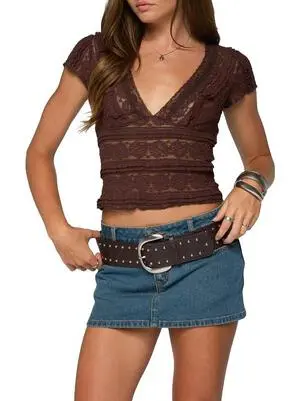 EDIKTED Avalee Plunge Neck Lace Crop Top - Brown