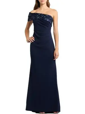 Eliza J Soutache One-shoulder Crepe Mermaid Gown - Navy