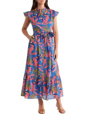 SUGARLIPS Riah Tropical Print Button-up Tiered Maxi Dress - Coral-multi