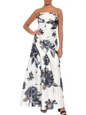 Maggy London Floral Print Strapless Gown - Eggshell/teal Night
