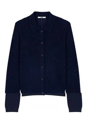 Maje Rhinestone Polo Collar Cardigan - Navy