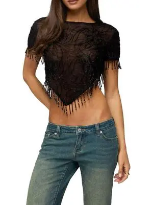 EDIKTED Yanna Beaded Fringe Poncho Crop Top - Black