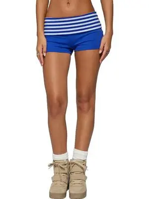EDIKTED Shantal Stripe Stretch Cotton Foldover Microshorts - Blue-and-white