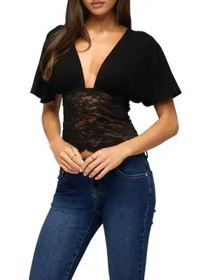 EDIKTED Jaeda Lace Inset Flutter Sleeve Top - Black