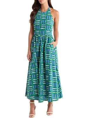 SUGARLIPS Daine Fish Print Cotton Halter Maxi Dress - Green-blue-multi