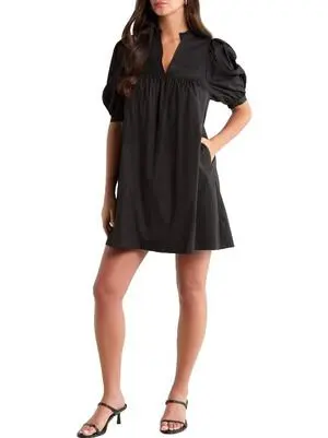 SUGARLIPS Julissa Split Neck Cotton Babydoll Minidress - Black