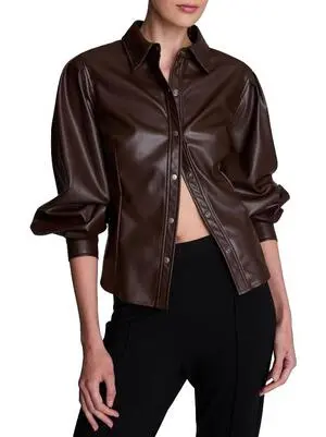 KENNETH COLE Pleated Faux Leather Snap Front Top Medium Bark