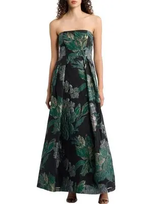 Eliza J Strapless Metallic Jacquard A-line Gown - Hunter