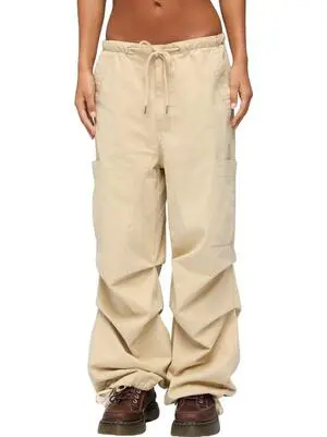 EDIKTED Baggy Cotton Cargo Pants With Drawstring Waist - Beige