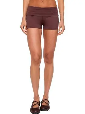 EDIKTED Ambar Contrast Stripe Foldover Shorts - Brown