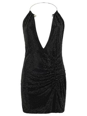 Philipp Plein PHILIPP PLEIN Embellished Plunge Neck Mini Dress With Rhinestone Detailing Black
