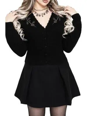 DISTURBIA Embroidered V-neck Fitted Cardigan - Black