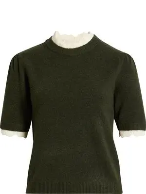 WAYF Everett Short Sleeve Sweater With Scalloped Mock Neck - Hunter