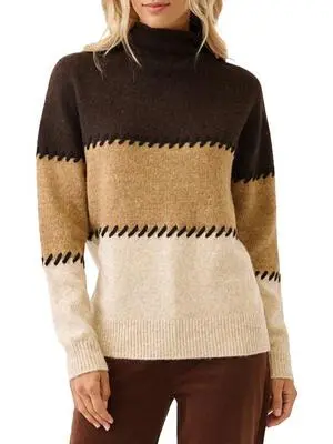 Karen Kane Contrast Stitch Mock Neck Sweater - Brown