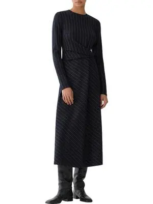Lafayette 148 New York Gathered Waist Wool & Cotton Midi Dress - Navy Multi