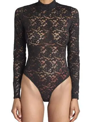 STEMS Mock Neck Sheer Lace Bodysuit - Black