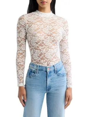 STEMS Mock Neck Sheer Lace Bodysuit - White