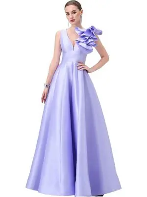 BARIANO Mirella V Neck Ruffle Gown - Lavender