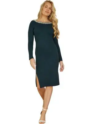 YUMI Embellished Neck Fitted Midi Dress - Green