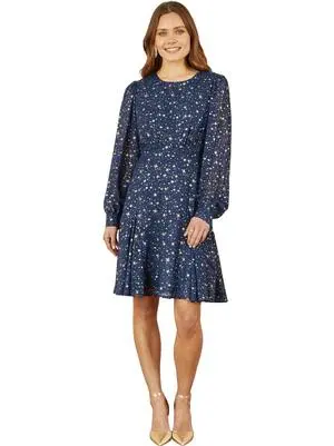 YUMI Star Print Foil Long Sleeve Dress - Navy
