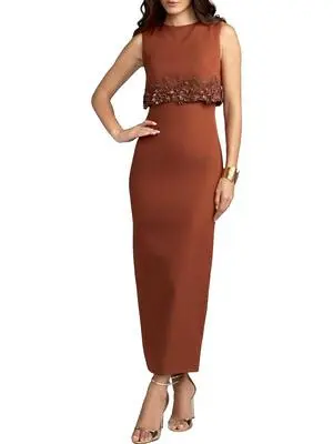 Mac Duggal Sleeveless Embellished Cape Sheath Midi Dress - Nutmeg