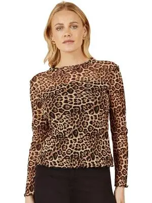 YUMI Leopard Print Mesh Fitted Top - Brown