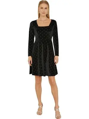 YUMI Diamante Embellished Velvet Skater Dress - Black