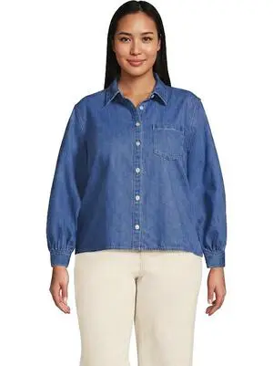 LANDS' END Lands' End Cropped Denim Button-Front Shirt