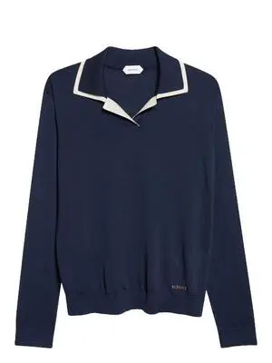 Versace Classic Wool Blend Polo Sweater With Embroidered Logo - Navy