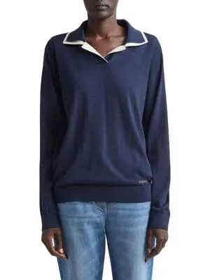 Versace Classic Wool Blend Polo Sweater With Embroidered Logo - Navy