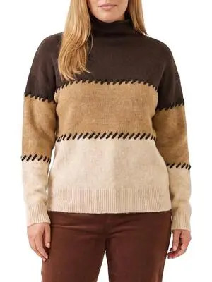 Karen Kane Contrast Stitch Mock Neck Sweater - Brown