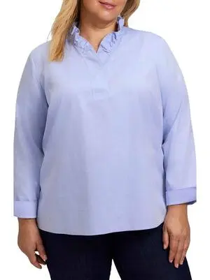 Foxcroft Tammy Ruffle Cotton Popover Top - Blue Wave