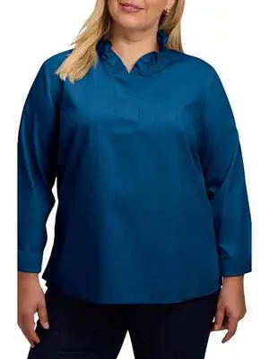 Foxcroft Tammy Ruffle Cotton Popover Top - Teal