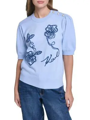 Karl Lagerfeld Paris Floral Stitch Short Sleeve Sweater - Steel Blue/naval Academy