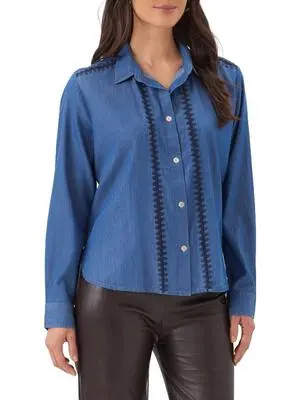 Karen Kane Crochet Trim Cotton Button Up Shirt - Denim